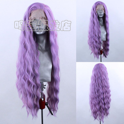 紫色deep wave前蕾丝化纤长卷假发头套synthetic lace front wigs
