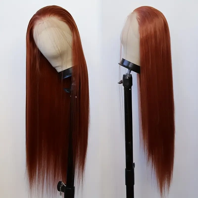 姜黄色长直发女士前蕾丝手勾化纤整顶假发全头套哑光高温丝wigs