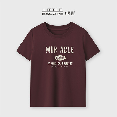 小乖逃JX美式复古做旧红T恤酒红色MIRACLE印花薄款透气打底M9926