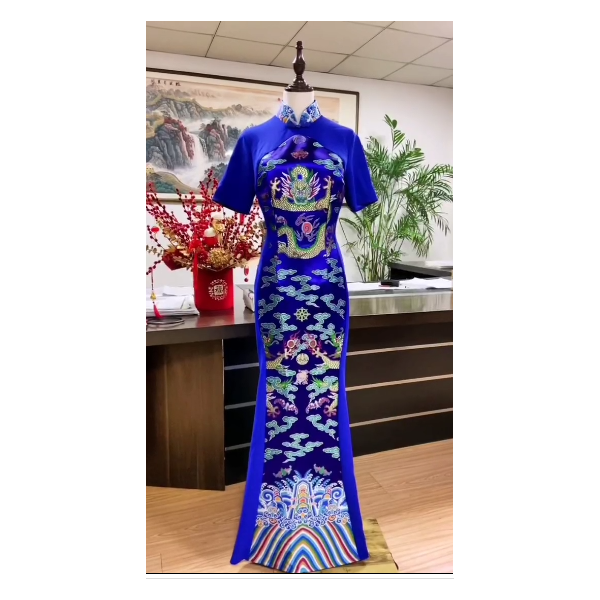 娴馨家显白高档弹力立体裁剪鱼尾拼接走秀队服旗袍多色加工定做