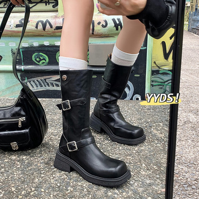 秋冬皮靴骑士西部靴方头粗跟中跟马丁靴女棕色靴子中筒真皮靴NMA