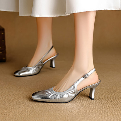 包头粗跟法式气质金色银色高跟鞋