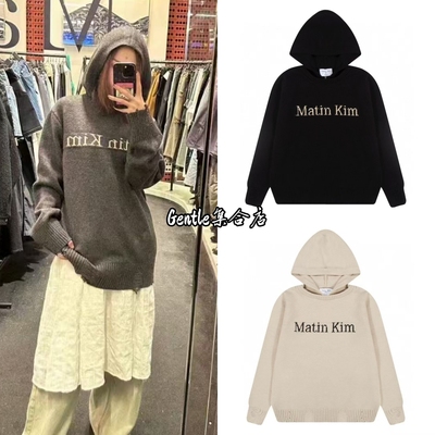 现货 matin kim 25新字母印花连帽卫衣假两件做旧百搭针织衫毛衣