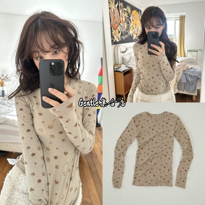 现货 fletta 26早春新款 休闲百搭圆领蘑菇印花长袖打底衫T恤