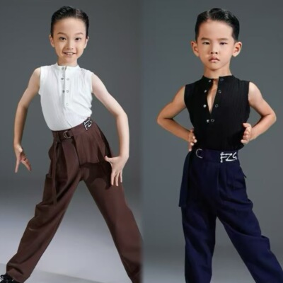 FZS舞服男童帅气男孩亨利领无袖纽扣上衣练习服跳舞百搭坎袖双色