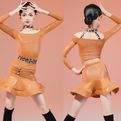 FZS舞服少儿拉丁舞秋冬爽肤皮拼接豹纹练习服鱼骨橘色女童表演服