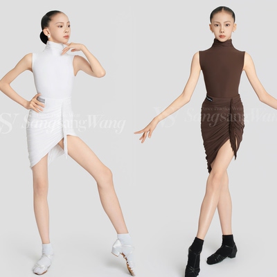 sswang舞服少儿拉丁舞裸感超轻薄高领褶皱无袖流苏斜裙练习服女童