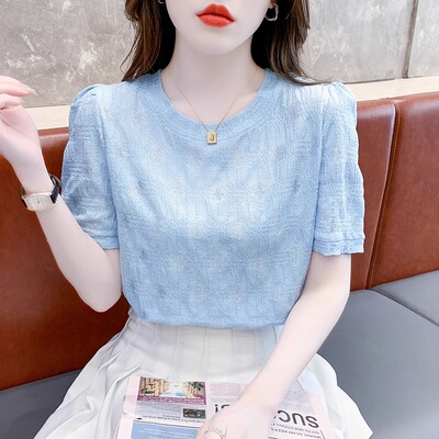 提花短袖t恤女2025夏季新款圆领正肩体恤小个子衫上衣女0408h