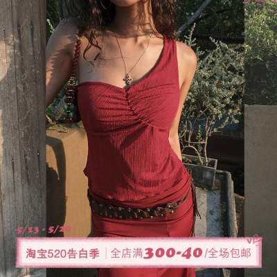 ITSNIKAR 复古斜肩性感短袖t恤女春夏修身显瘦内搭立体褶皱短上衣