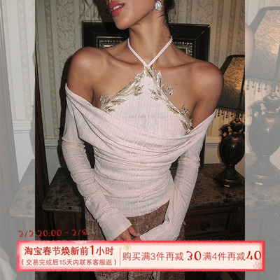 ITSNIKAR法式长袖一字肩毛针织衫女荡领露肩毛衣收腰显瘦挂脖上衣