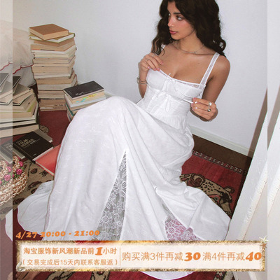 ITSNIKAR法式复古蕾丝连衣裙女性感收腰鱼骨吊带裙高级白色长裙子