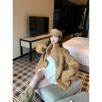 秋冬新款老钱风千金大小姐真兔毛皮翻领显瘦大衣外套女