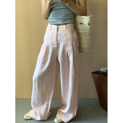 亚麻裤子女高腰垂感阔腿裤女