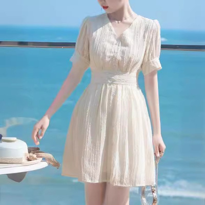 童铺精选zZZZ杏色雪纺矮小个子连衣裙女夏季新款感显高显瘦减龄