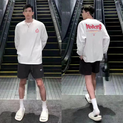 美式重磅纯棉字母印花长袖T恤男