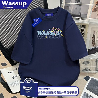 WASSUP BEAVER夏季短袖男女美式宽松璀璨烟花半袖情侣上衣t恤衫