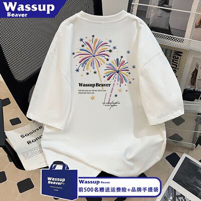 WASSUP BEAVER男女美式上衣纯棉烟花创意印花别致情侣圆领短袖T恤