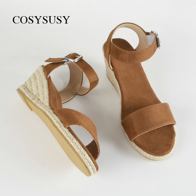 草编麻绳坡跟凉鞋女欧美一字高跟凉拖鞋ESPADRILLES WEDGES