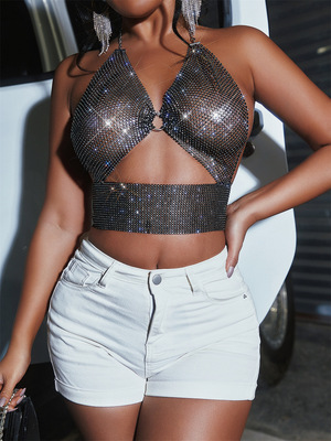 性感露背水钻吊带欧美风