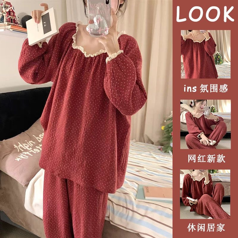 100%双面纯棉睡衣女春秋季长袖大码韩版家居服套装学生夏月子服冬
