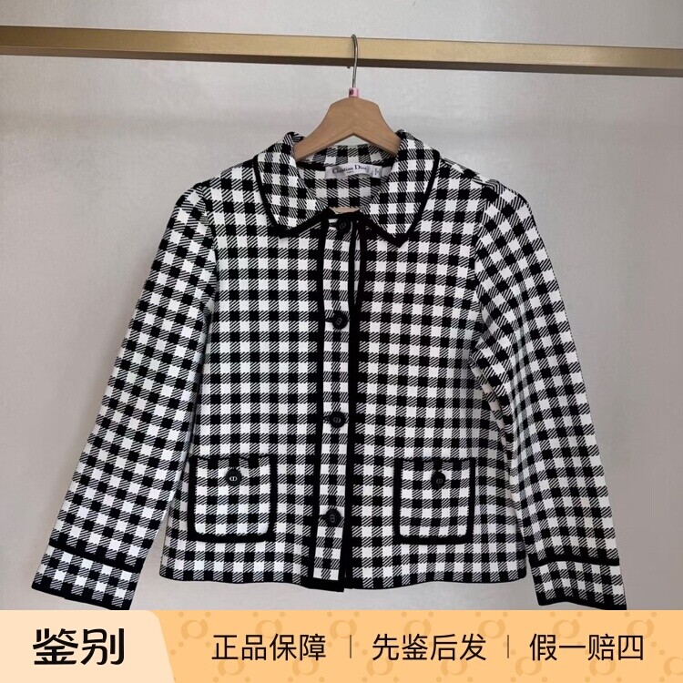 99新 Dior迪奥 黑白色 千鸟格 针织物外套长袖休闲毛针织衫格纹