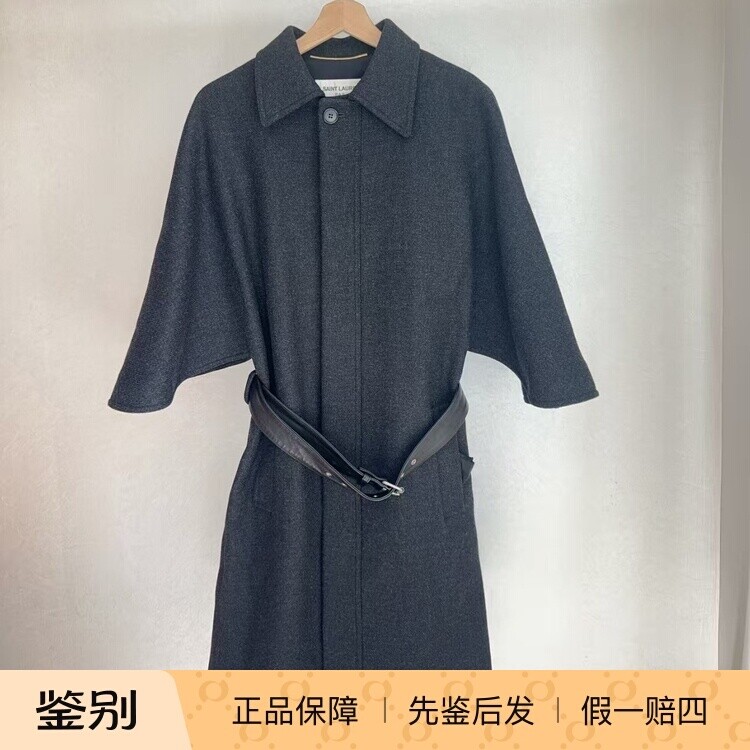 99新 YSL 黑色 羊毛 大衣 F38码毛呢外套腰带时尚简约长款大衣