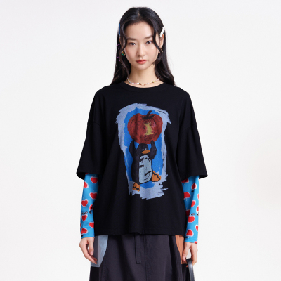 MOVEUP幻走2026春季新款.FUN系列假两件圆领纯棉印花短款T恤女