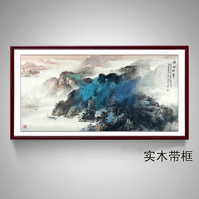 名家张春丽真迹原稿四尺横幅手绘泼彩重彩山水画湖山积翠字画收藏