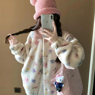 小个子超好看羊羔毛加绒开衫外套冬季新款宽松加厚翻领印花上衣女