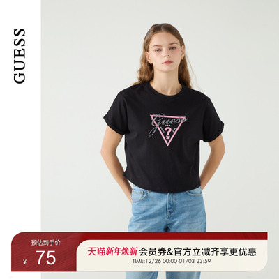 GUESS女士闪亮倒三角烫钻logo短袖T恤-W5PP81K2Q40