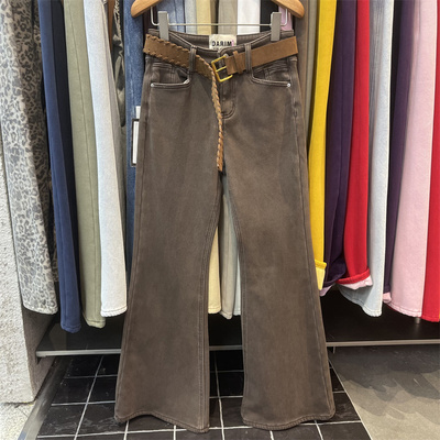 许妍同款韩系复古设计感水洗微喇裤女2025年秋冬新款加绒牛仔长裤