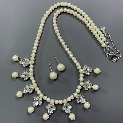 Vintage中古 CAROLEE打标水晶琉璃珍珠奶油白精致短项链耳钉套装