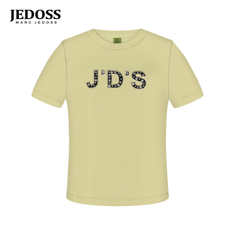 JEDOSS/爵迪斯女装2026夏季专柜新款简约字母烫钻刺绣短袖T恤M608