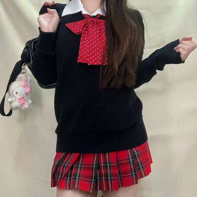 原创学院针织小辣椒毛衣格裙秋冬长袖jk制服衬衫上衣针织衫套装女