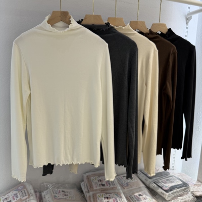 黛美芮8903秋冬保暖内搭打底衫女半高领高级感木耳边修身打底上衣