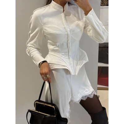 Elegant White Women's Long Sleeve Top Slim Fit Corset Bustie