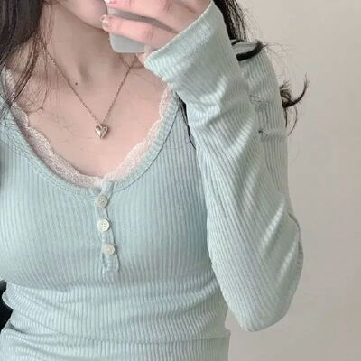 Women's T Shirts Long Sleeve Slim Lace Button Kawaii Tshirts