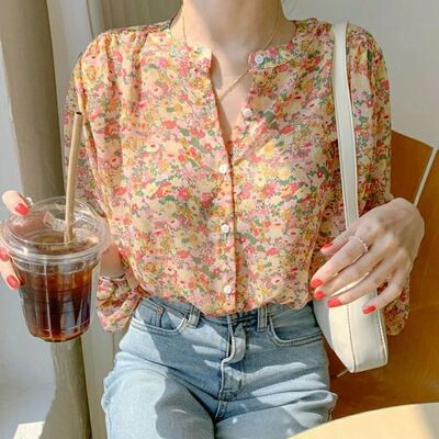 Women Elegant Print Chiffon Blouse Spring Summer Casual Long