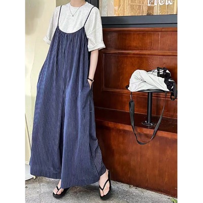 蓝色条纹背带裤女夏韩系宽松慵懒风显瘦阔腿吊带连体裤大摆裙裤潮