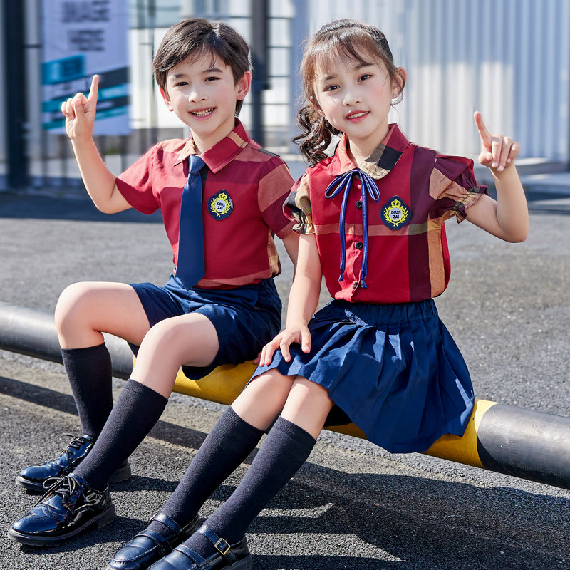 幼儿园园服夏季校服酒红色班服小学生运动会表演服合唱服短袖纯棉