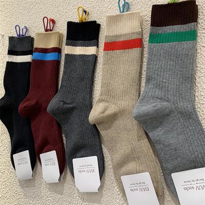 羊绒保暖韩系撞色条纹中筒袜