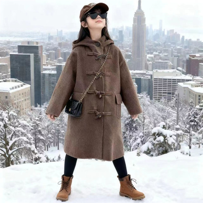 冬女连帽牛角扣中长款呢子外套潮