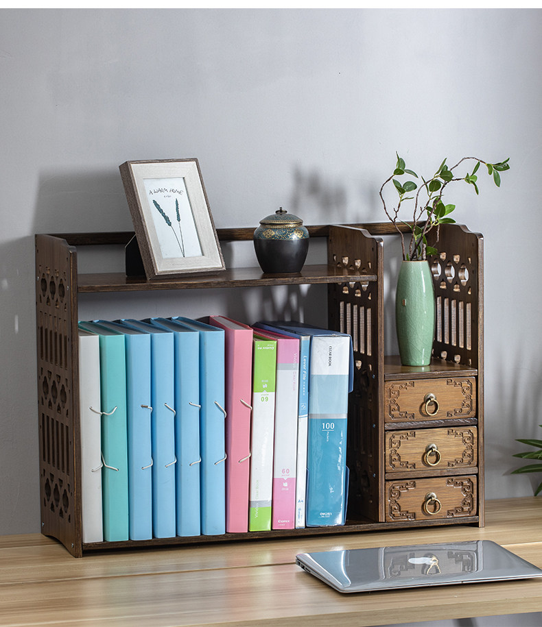 楠竹桌面收纳小书架花架置物架简易创意桌上小书架多层抽屉小柜子_虎窝淘