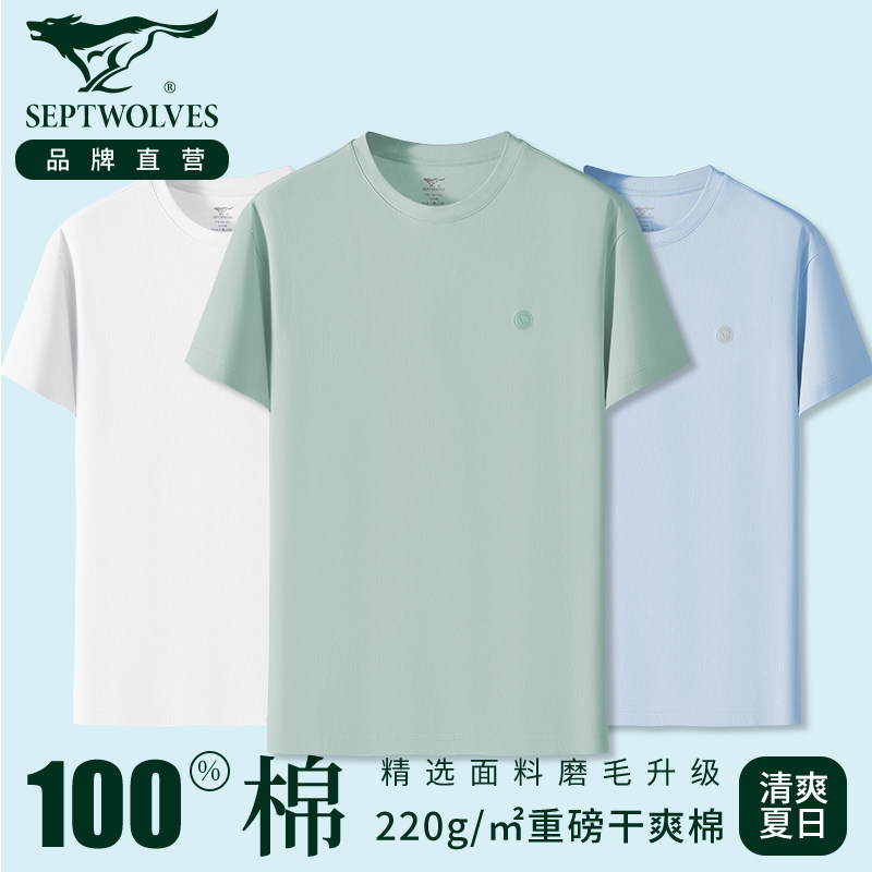 七匹狼纯棉短袖T恤男士汗衫夏季重磅宽松100%全棉半袖打底体恤潮