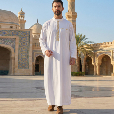 African Men White Thobe男士刺绣立领长袍带口袋长衫礼服大白袍