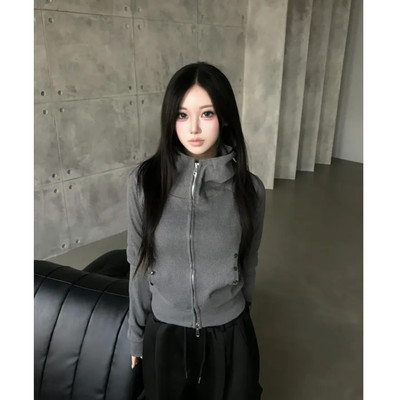 Shawne 26s秋新韩国正品代购 Y2K铆钉口袋装饰拉链立领针织开衫