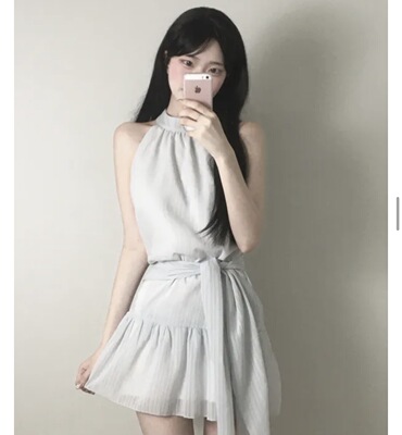 Shawne 26s春新韩国正品代购 小众竖纹清新腰带装饰背心连衣裙