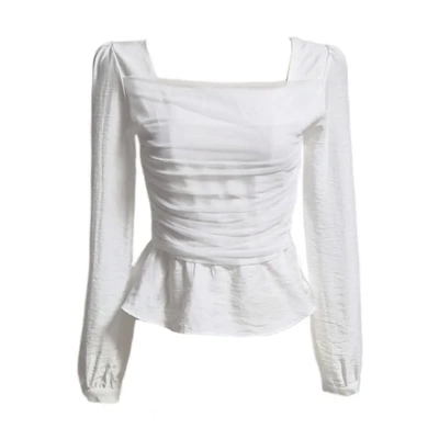 Shawne 25s春新韩国正品代购 小众胸前褶皱复古耸肩甜美时尚衬衫