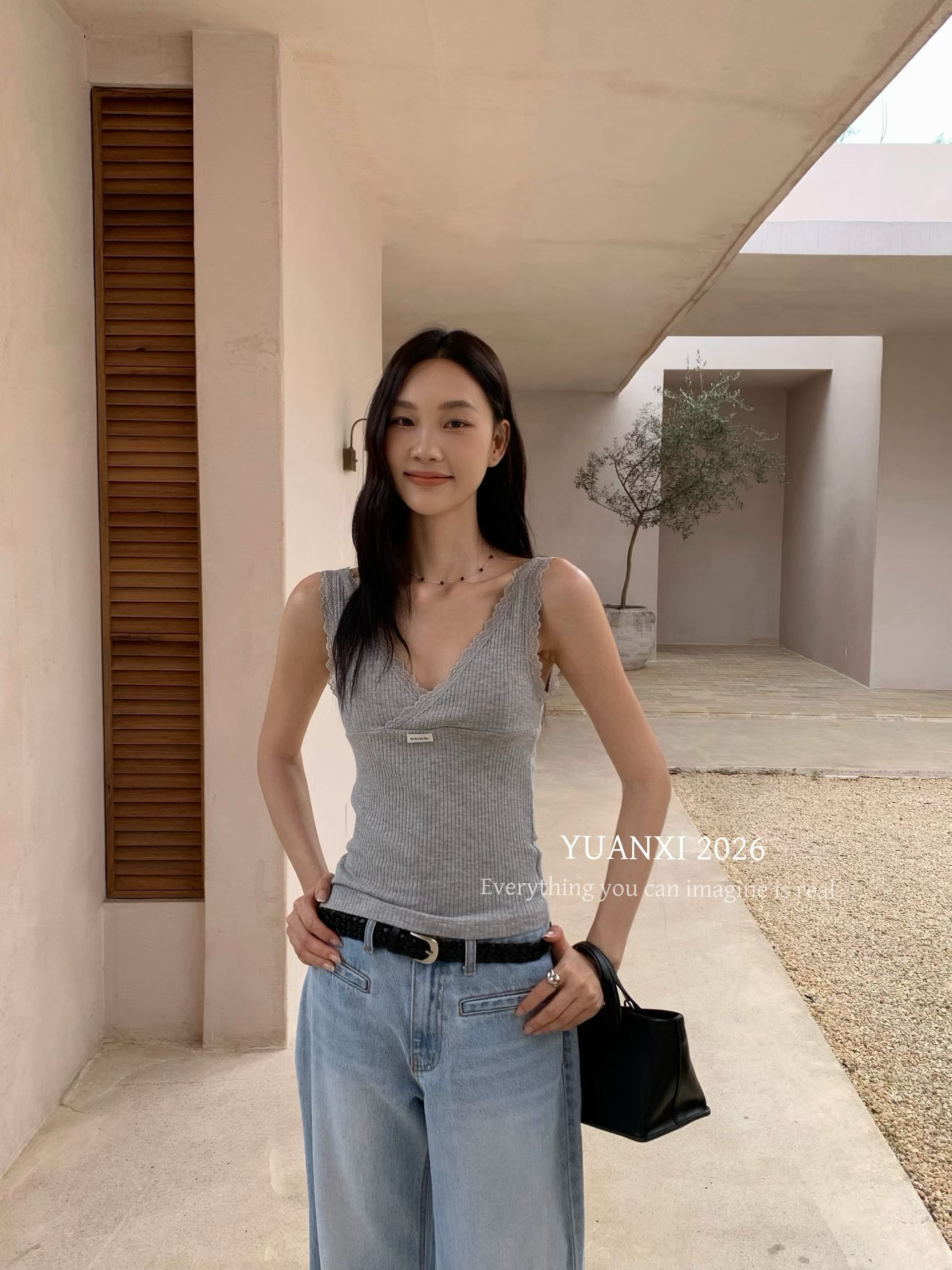 元熙267139韩版蕾丝花边V领吊带背心女2026夏季修身显瘦内搭上衣