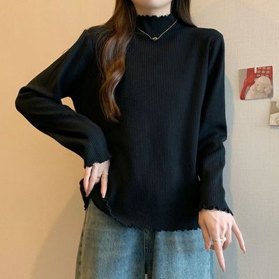 胖mm大码半高领木耳边遮肚打底